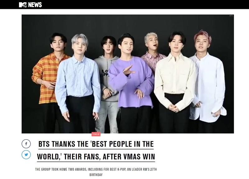 防弹少年团获MTV音乐录影带大奖三个奖项 : Korea.net : 大韩民国官方网站